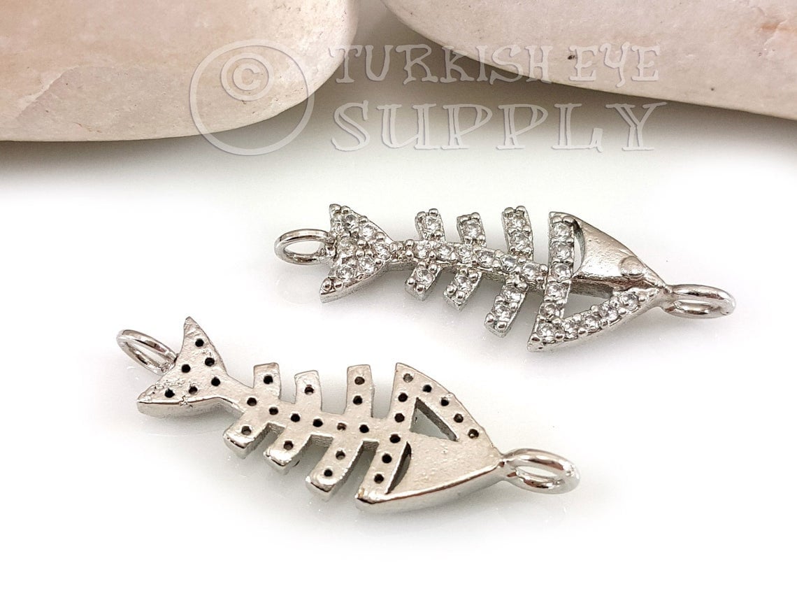 Pave Fishbone Charm Silver Fish Bone Connector Mini Fish - Etsy UK
