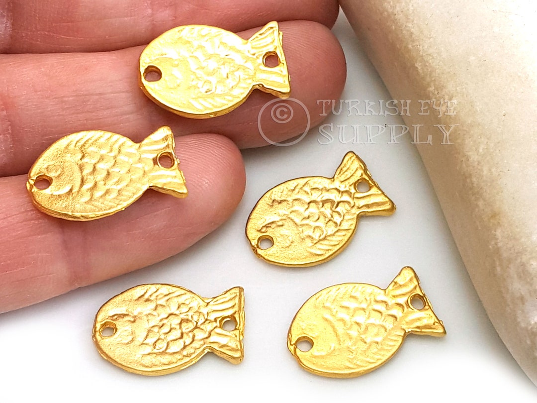 Gold Fish Charms, Mini Fish Connector Charms, 22k Gold Plated Fish ...