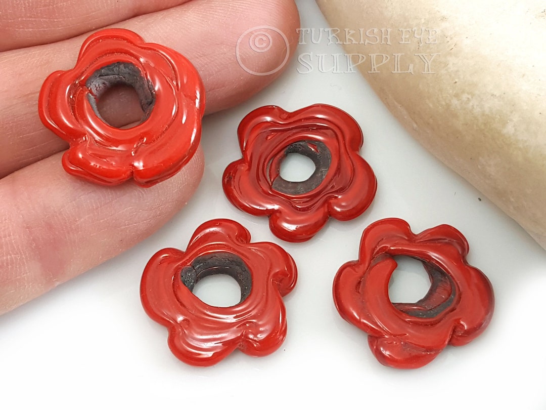 Red Handmade Murano Glass Flower Beads, Round Flat Beads, Evil Eye Bead ...