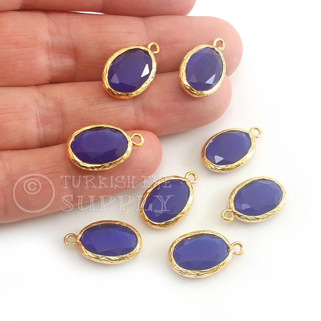Sapphire Blue Cats Eye Charm, 22k Gold Plated Hammered Bezel, Oval ...