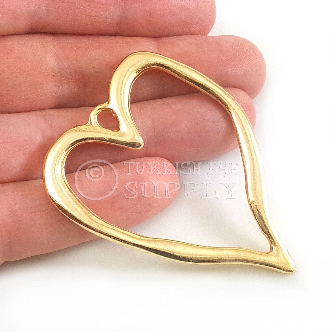 Large Gold Heart Pendant, Shiny Gold Plated Organic Shape Heart Pendant ...