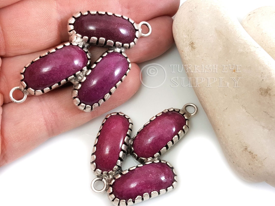 Triple Ruby Red Jade Stone Connector, Silver Plated Brass Pendant - Etsy