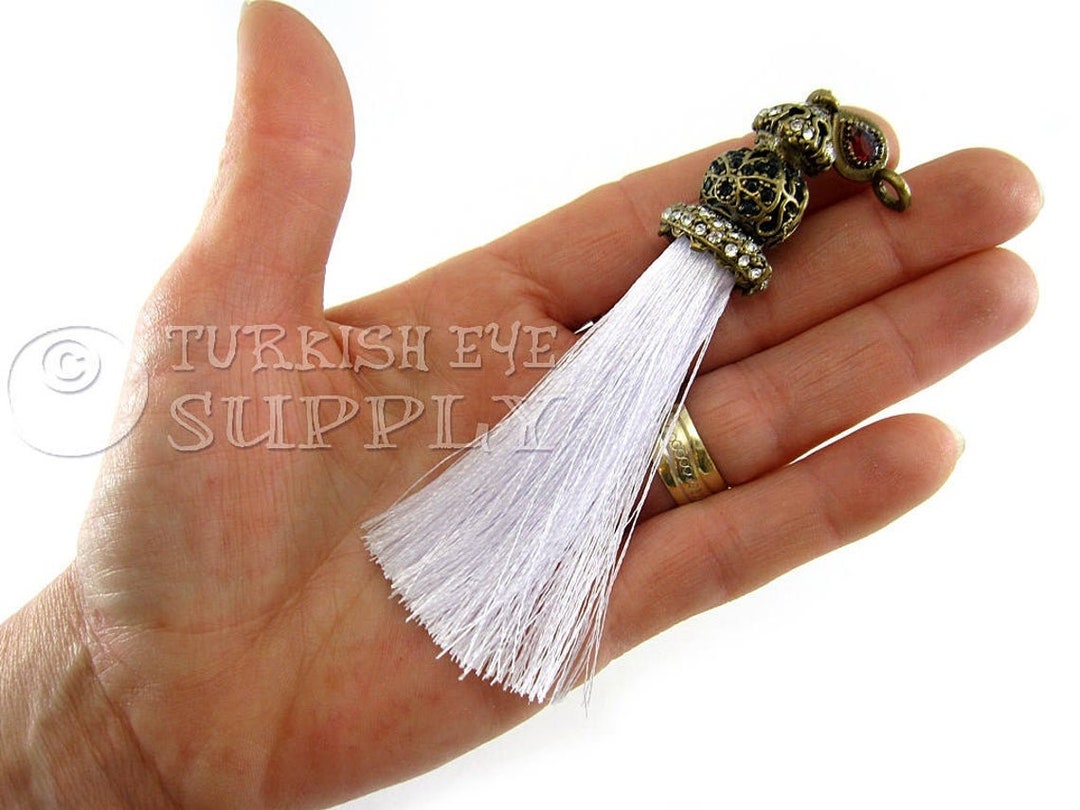 White Silk Tassel, Antique Bronze Cap, Tassel Charm, Ornate Tassel Cap ...