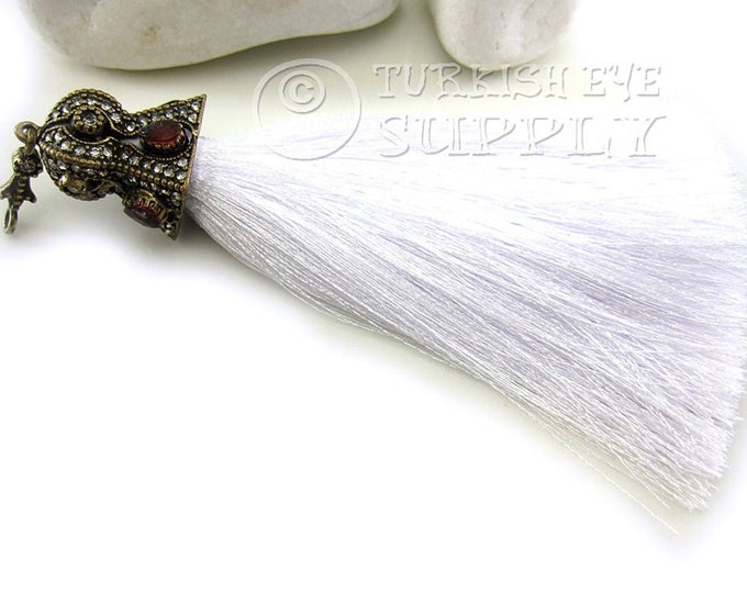 Large White Silk Tassel, Tassel Necklace, Antique Bronze Ornate Tassel ...