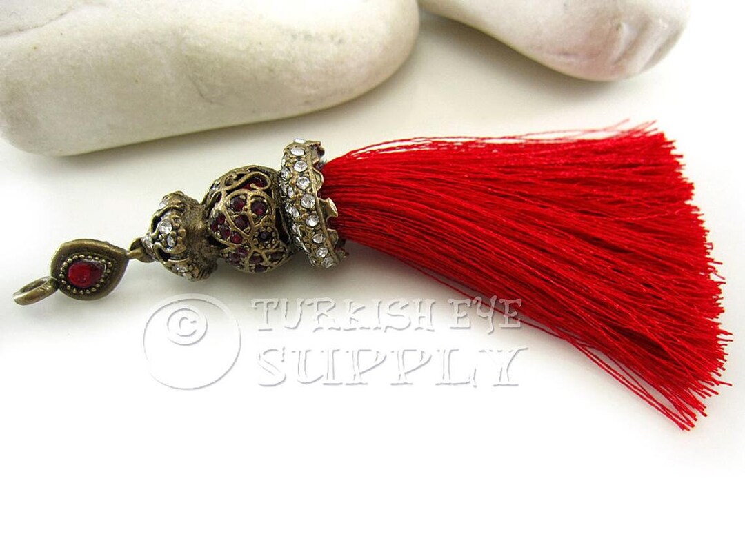 Red Silk Tassel, Antique Bronze Cap, Tassel Charm, Rhinestone Ornate ...