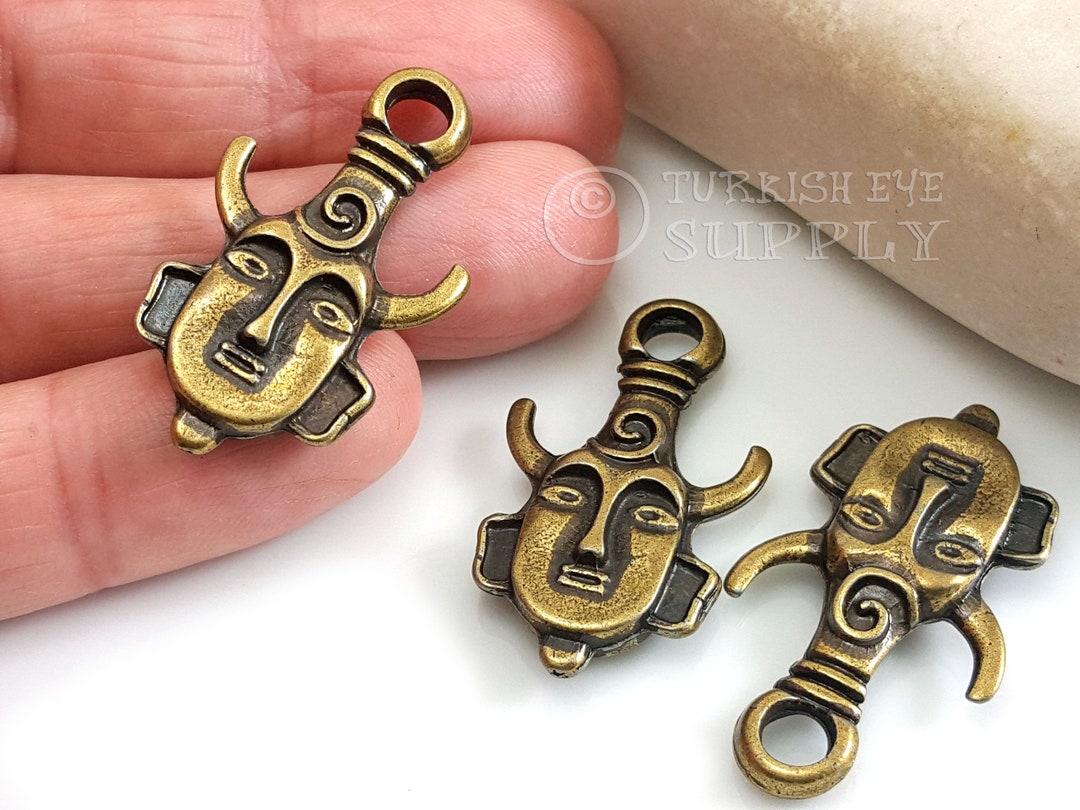 Tribal Mask Charms, Bronze Mask Pendant, Ethnic Jewelry, Antique Bronze ...
