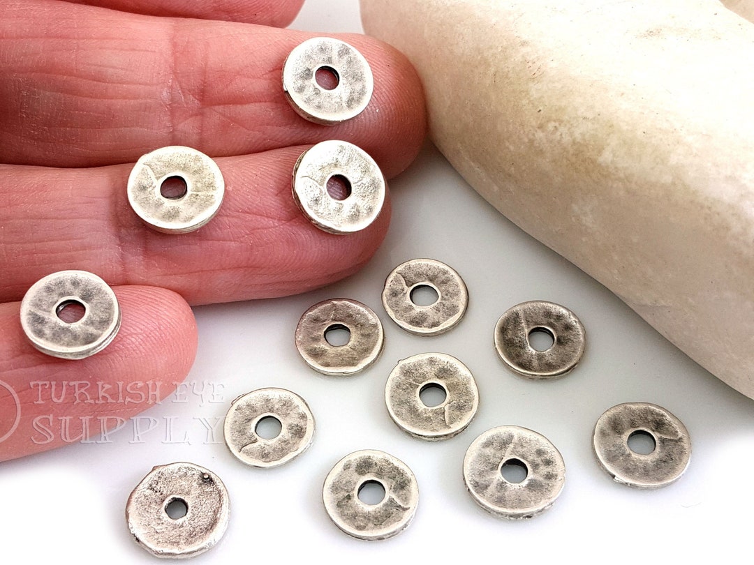 Hammered Silver Heishi Beads, Mini Silver Disc Charms, Silver Hoop ...