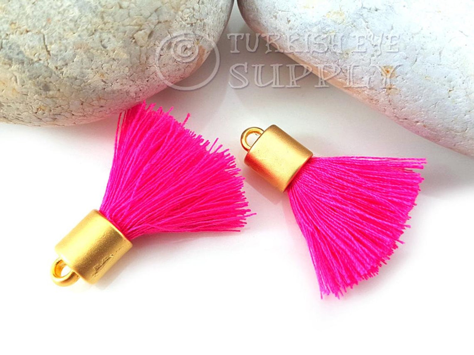 Bright Pink Tassels, 22k Gold Plated Cap, Mini Cotton Tassels, Bracelet ...