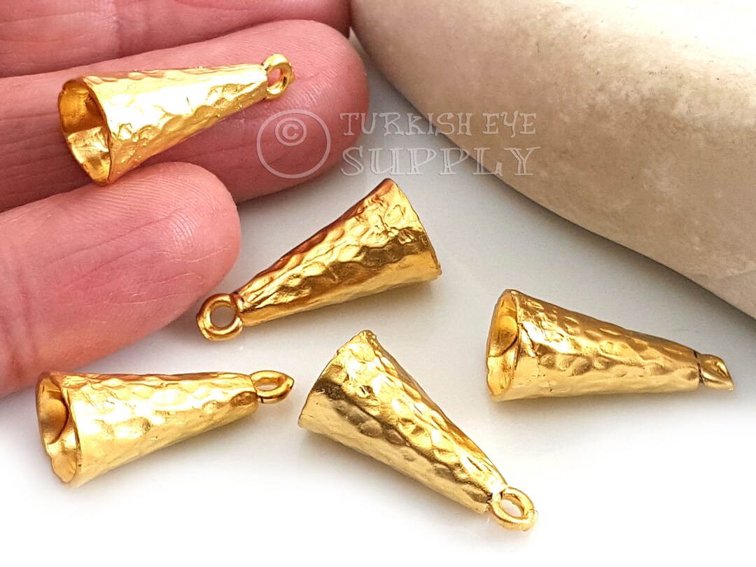Gold Cone Caps, Hammered Bead Cap With Loop, Gold Bead End Caps, Large ...