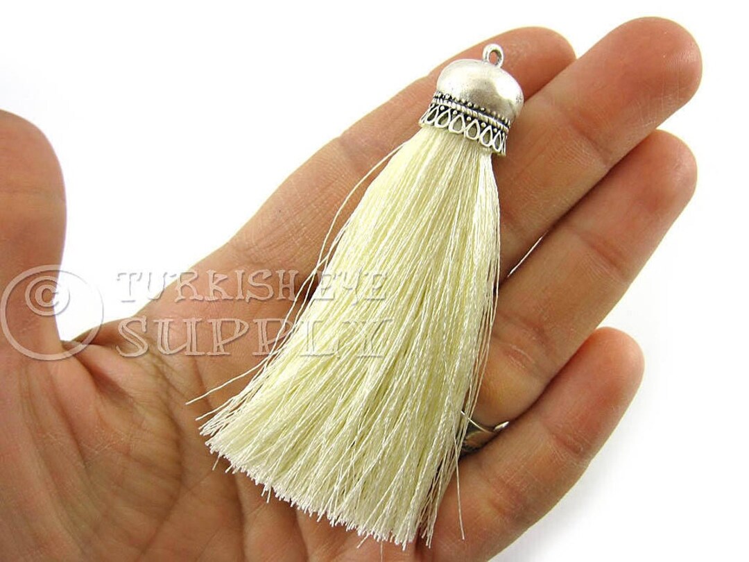 Cream Tassel Pendant, Handmade Silk Thread Tassel, Silver Tassel ...