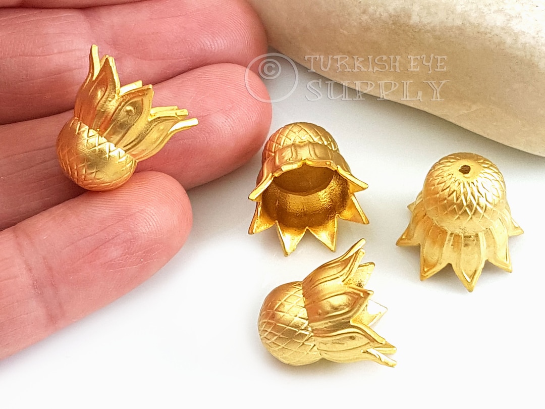 Gold Bead Caps, Flower Bead End Cone Caps, Large Tassel Caps, 22k Gold ...