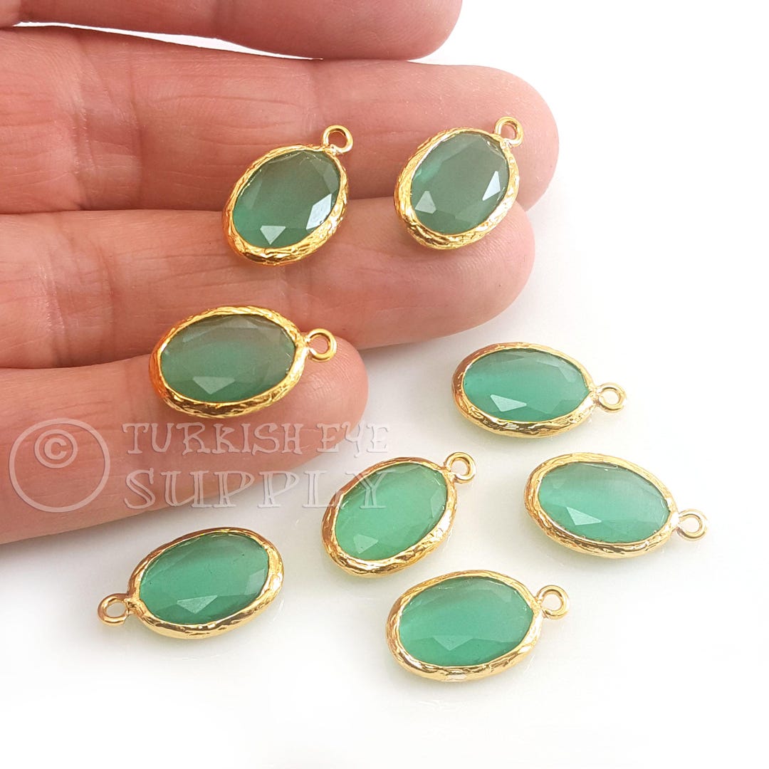 Jade Green Cats Eye Charm, 22k Gold Plated Hammered Bezel, Oval Crystal ...