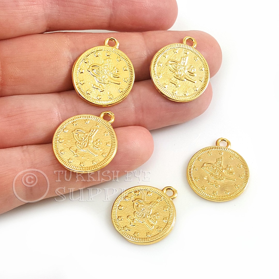 24k Shiny Gold Plated Turkish Coin Charms, Gold Turkish Coin Pendants ...