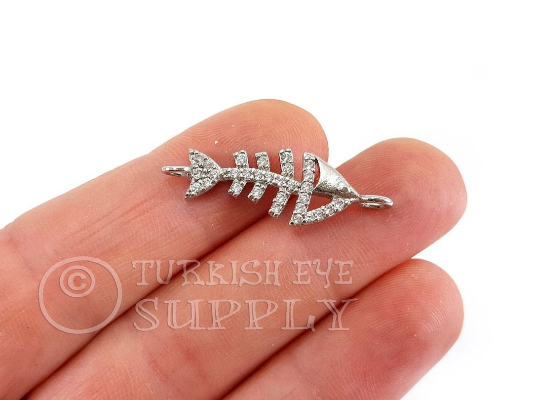 Pave Fishbone Charm, Silver Fish Bone Connector, Mini Fish Bone Charm ...
