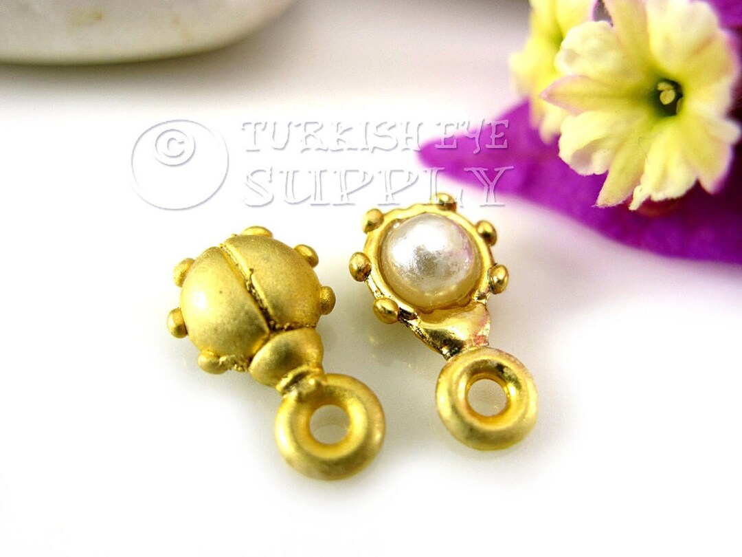 Tiny Gold Ladybug Charms: Pearl Beaded Ladybird Drop, 22k Plated (7pc ...