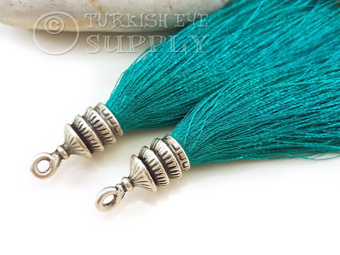 Teal Tassel Pendant Handmade Silk Thread Tassel Silver | Etsy