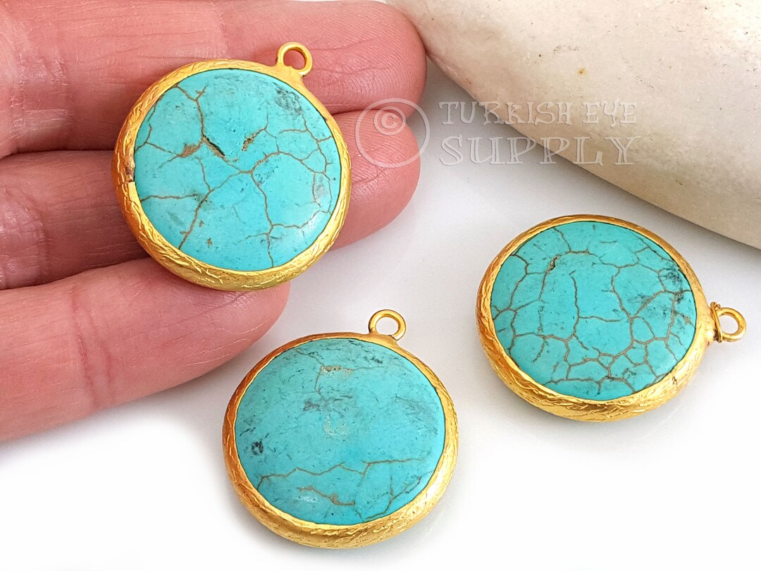 Round Turquoise Pendant, 22k Gold Plated Bezel, 26mm Turquoise Charm ...