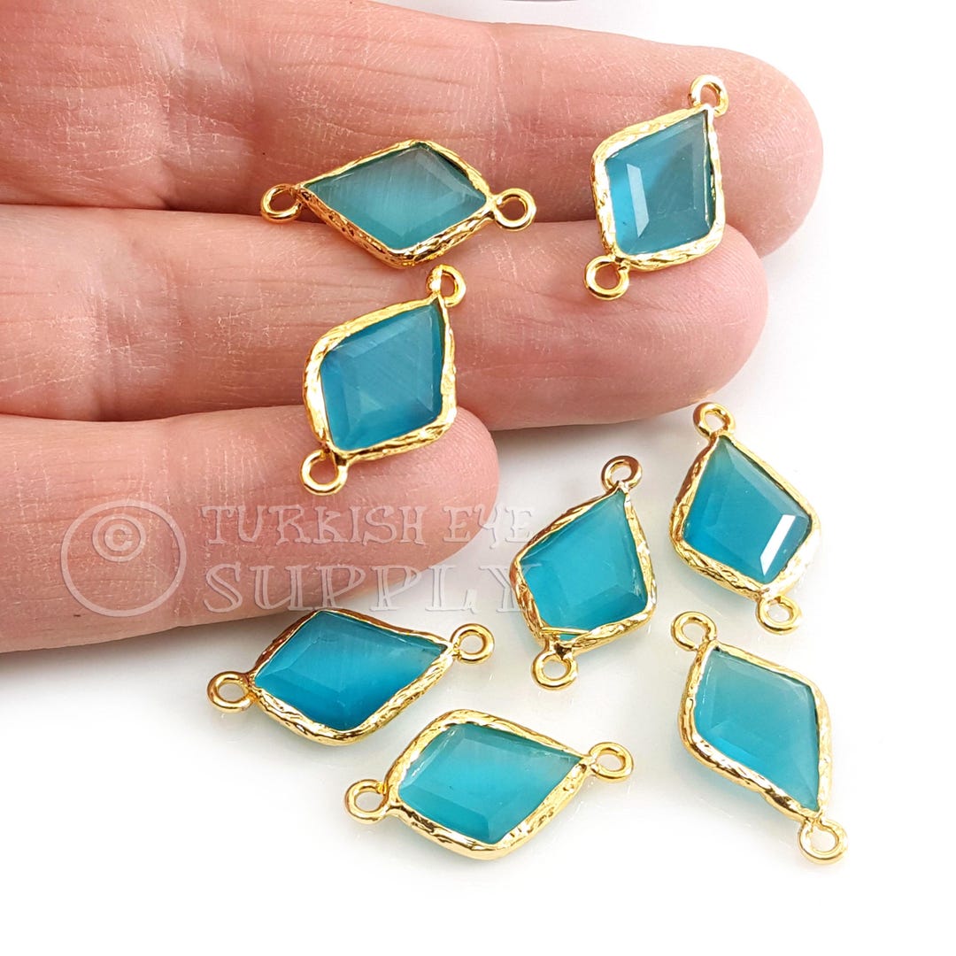 Aquamarine Blue Cats Eye Connector Charm, 22k Gold Plated Hammered ...