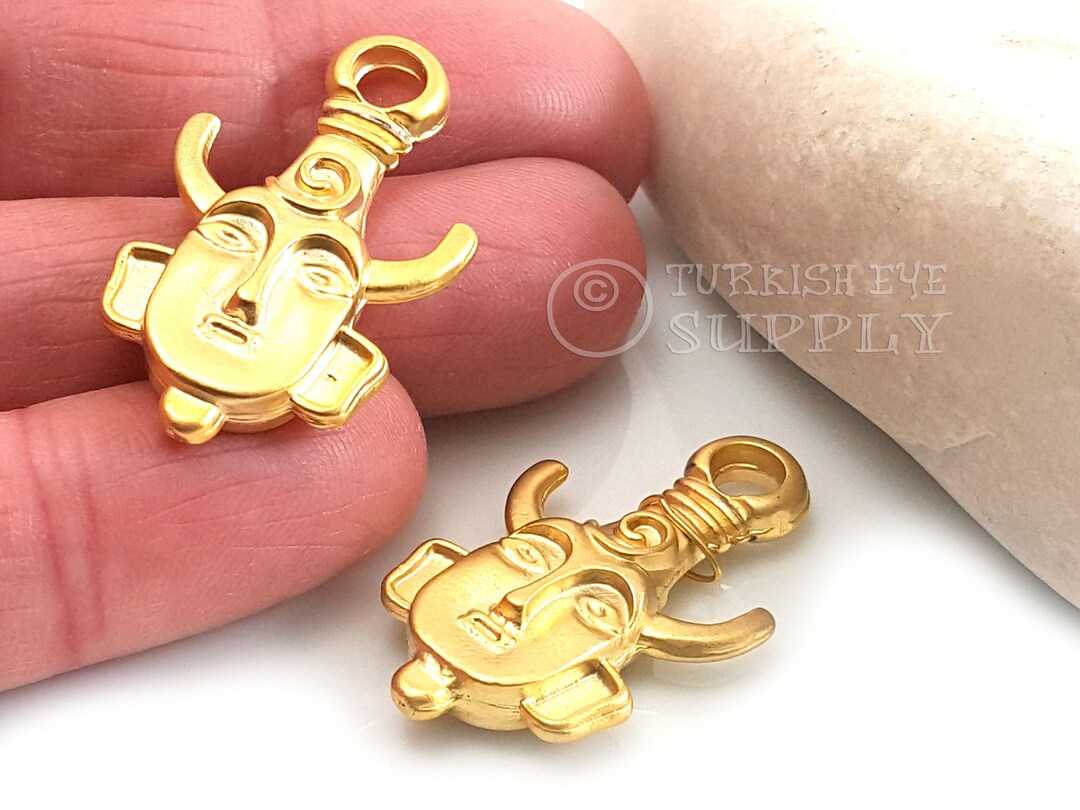 Tribal Mask Charms, Gold Mask Pendant, Ethnic Jewelry, 22k Gold Plated ...