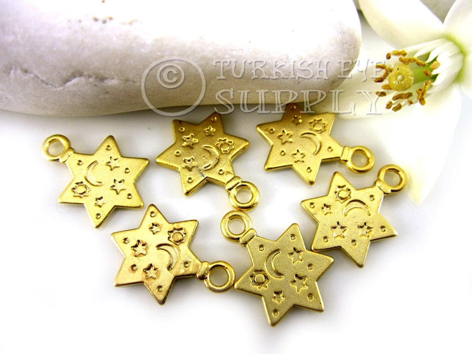 Mini Star Charms, Moon and Star Etched Charms, 22k Gold Plated Stars ...
