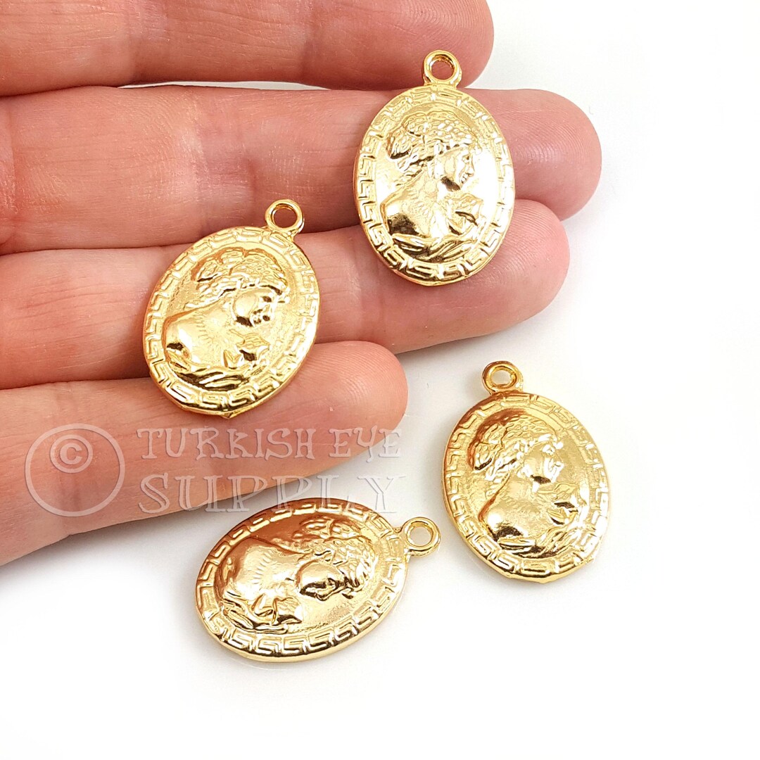 24k Shiny Gold Plated Ancient Greek Coin Charm, Greek Goddess Artemis ...
