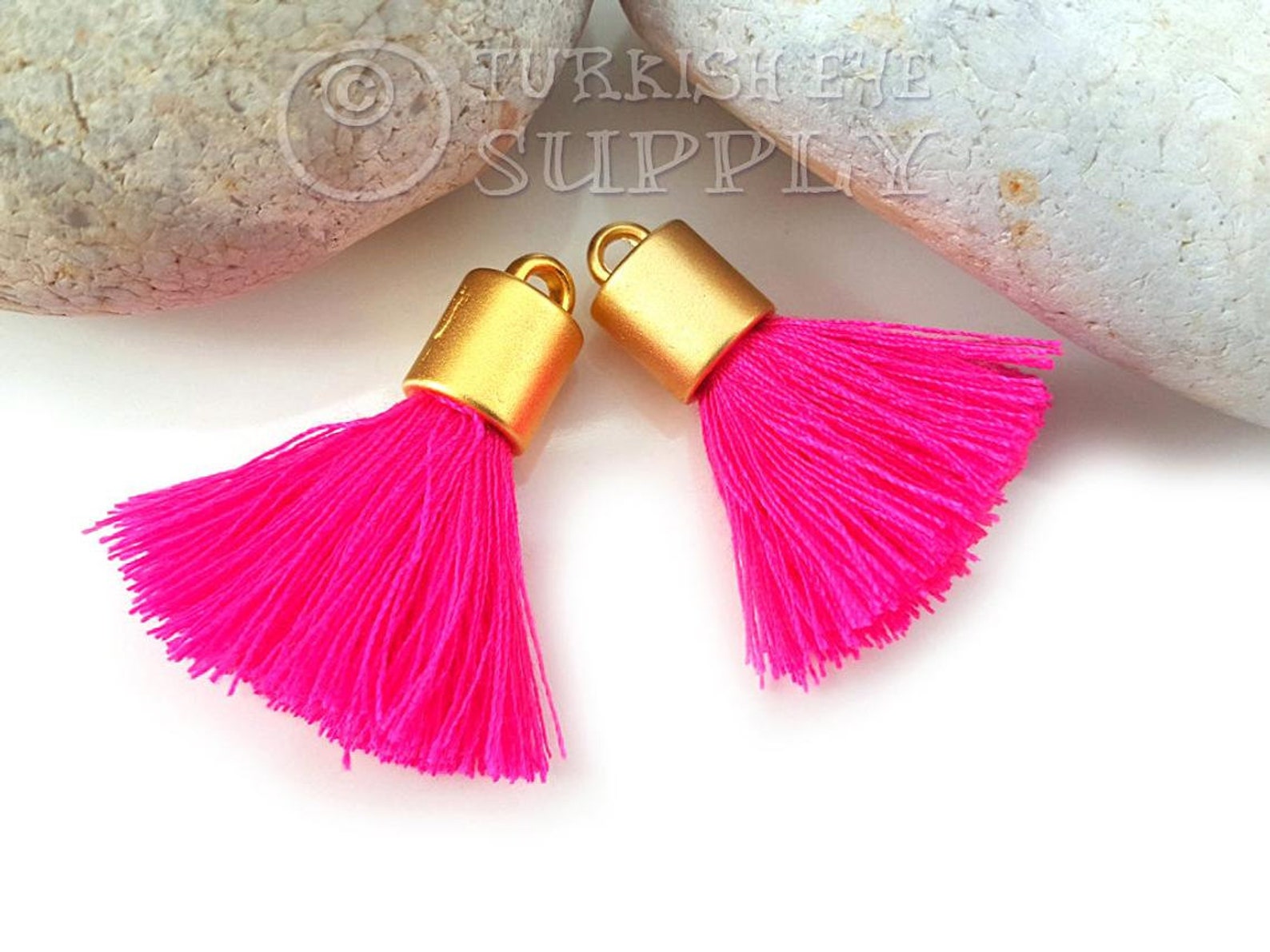 Bright Pink Tassels, 22k Gold Plated Cap, Mini Cotton Tassels, Bracelet ...