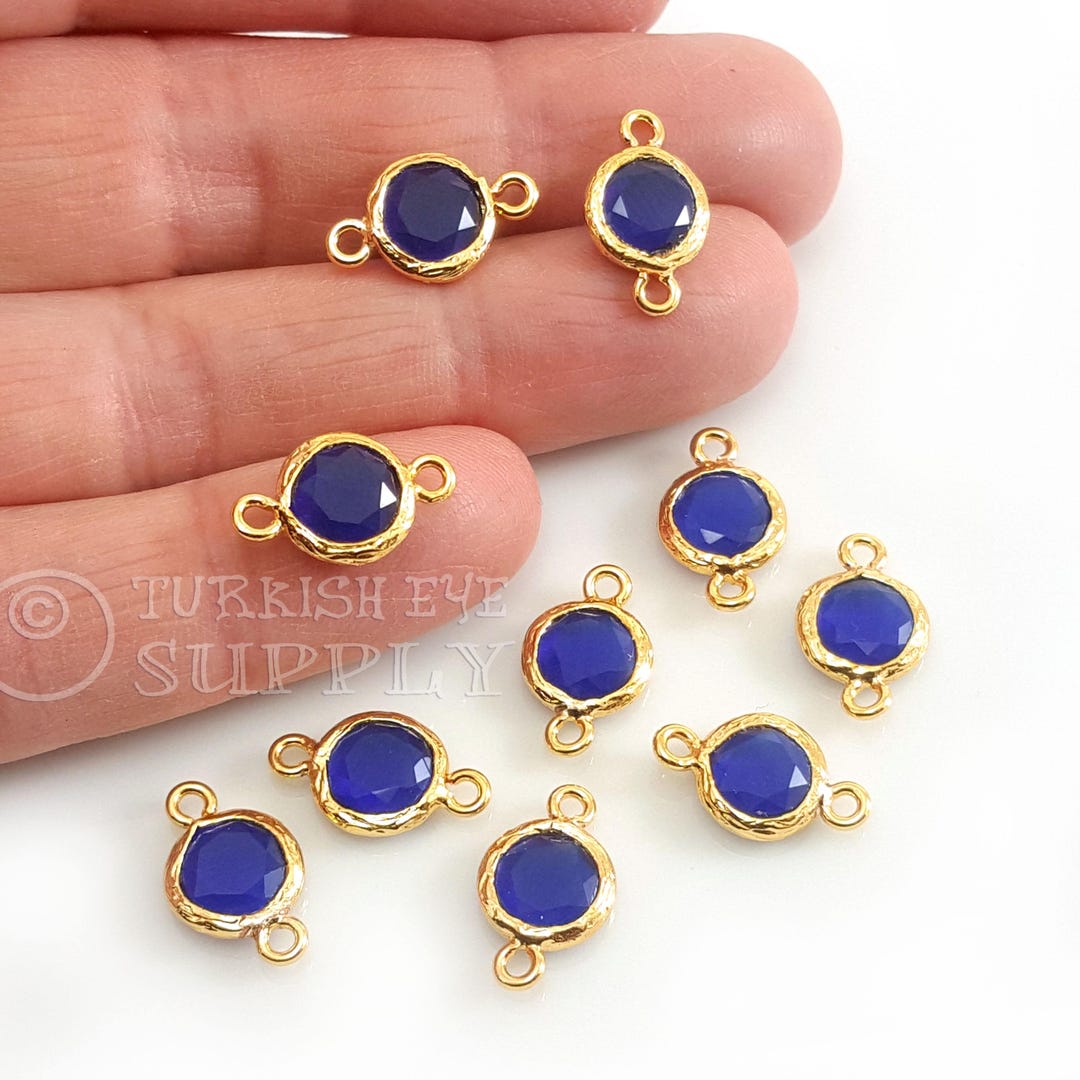 Sapphire Blue Cats Eye Connector Charm, 22k Gold Plated Hammered Bezel ...