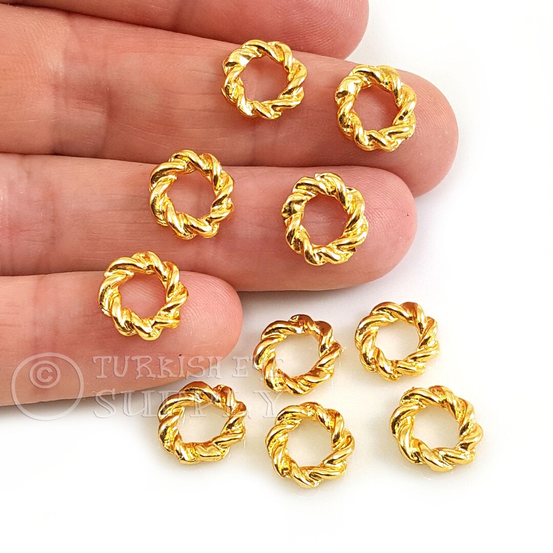 24k Shiny Gold Plated Mini Round Hoop Spacer Beads, Twisted Rope ...