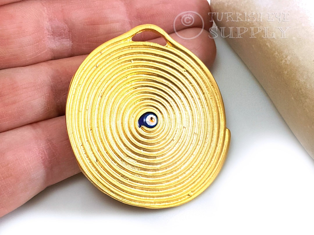 Large Gold Disc Pendant, Spiral Gold Disc Pendant, Enameled Evil Eye ...
