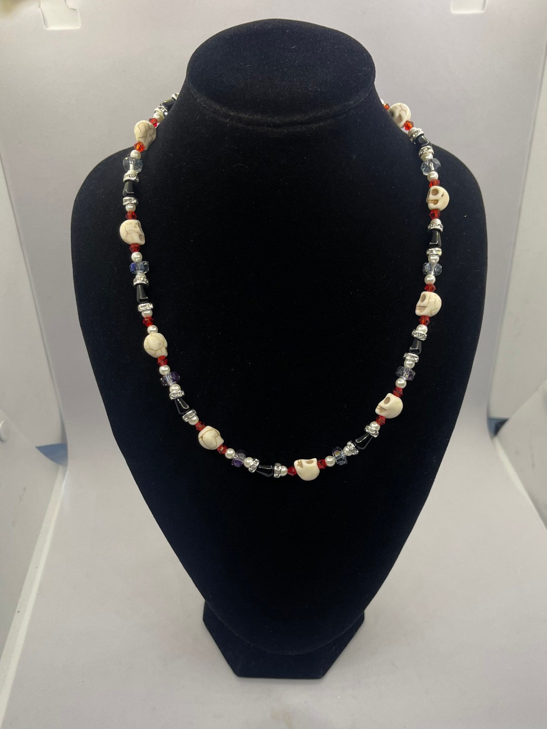 Grunge Black and Red Crystal Skull Beaded Necklace - Etsy