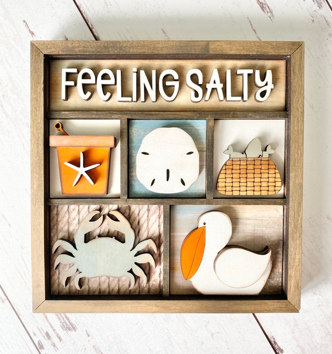 Shadow Box, Feeling Salty, Beach, Home Decor, Wood, Pelican, Crab, Fish ...