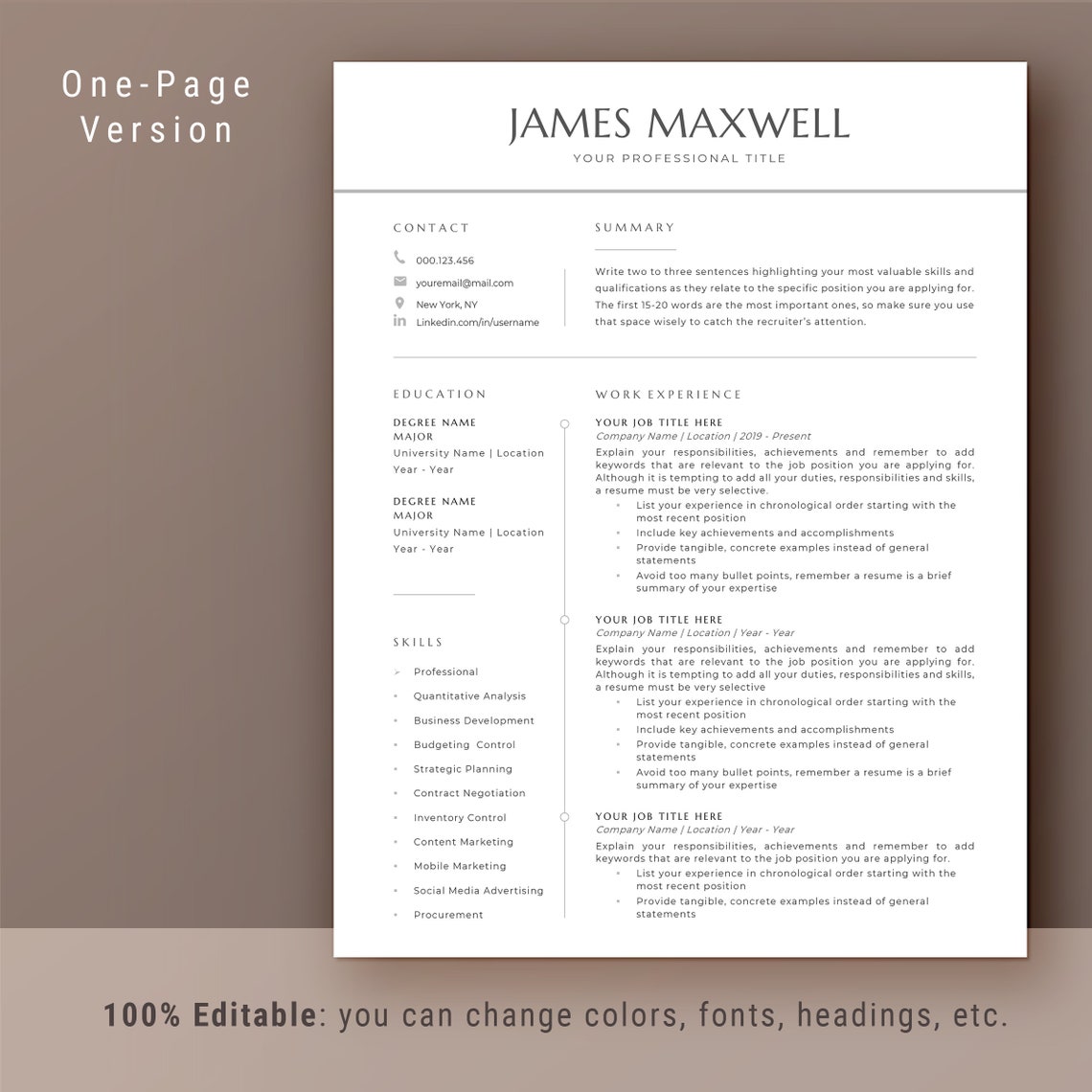 Modern Executive Resume Template, Professional Resume, CV Template ...