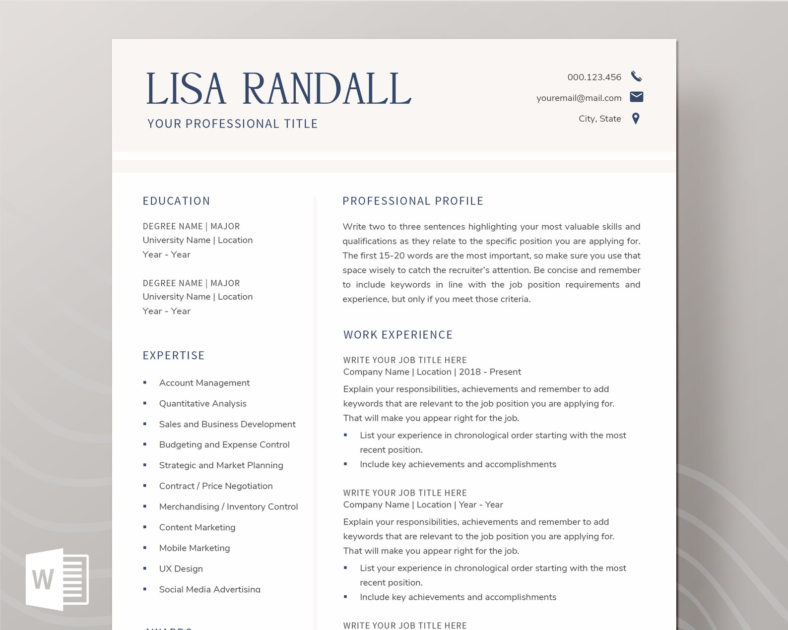 Minimalist Resume Template for Word Professional Resume CV | Etsy