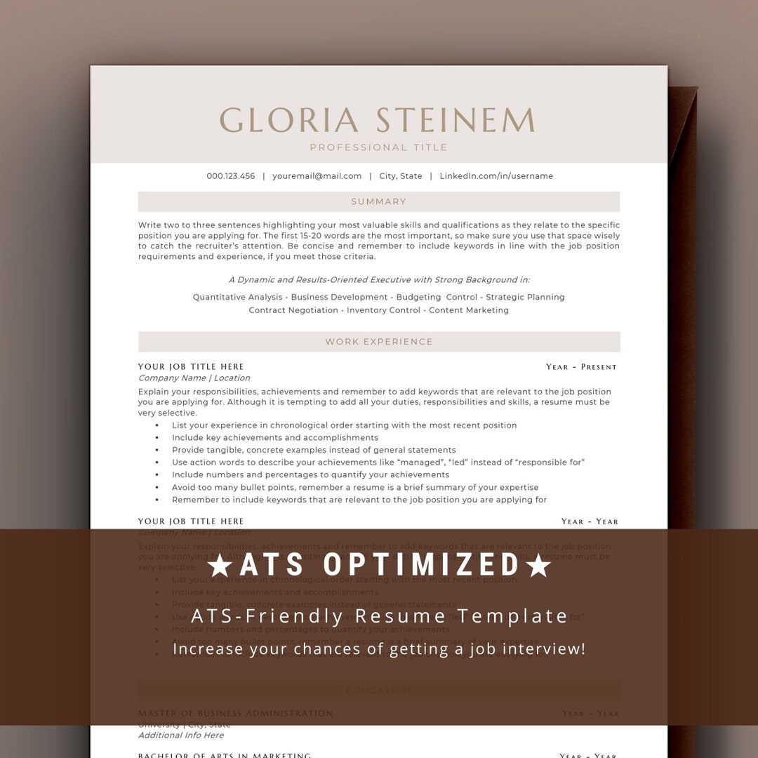 ATS Resume With Cover Letter, Resume Template for Word, 2 Page Resume ...
