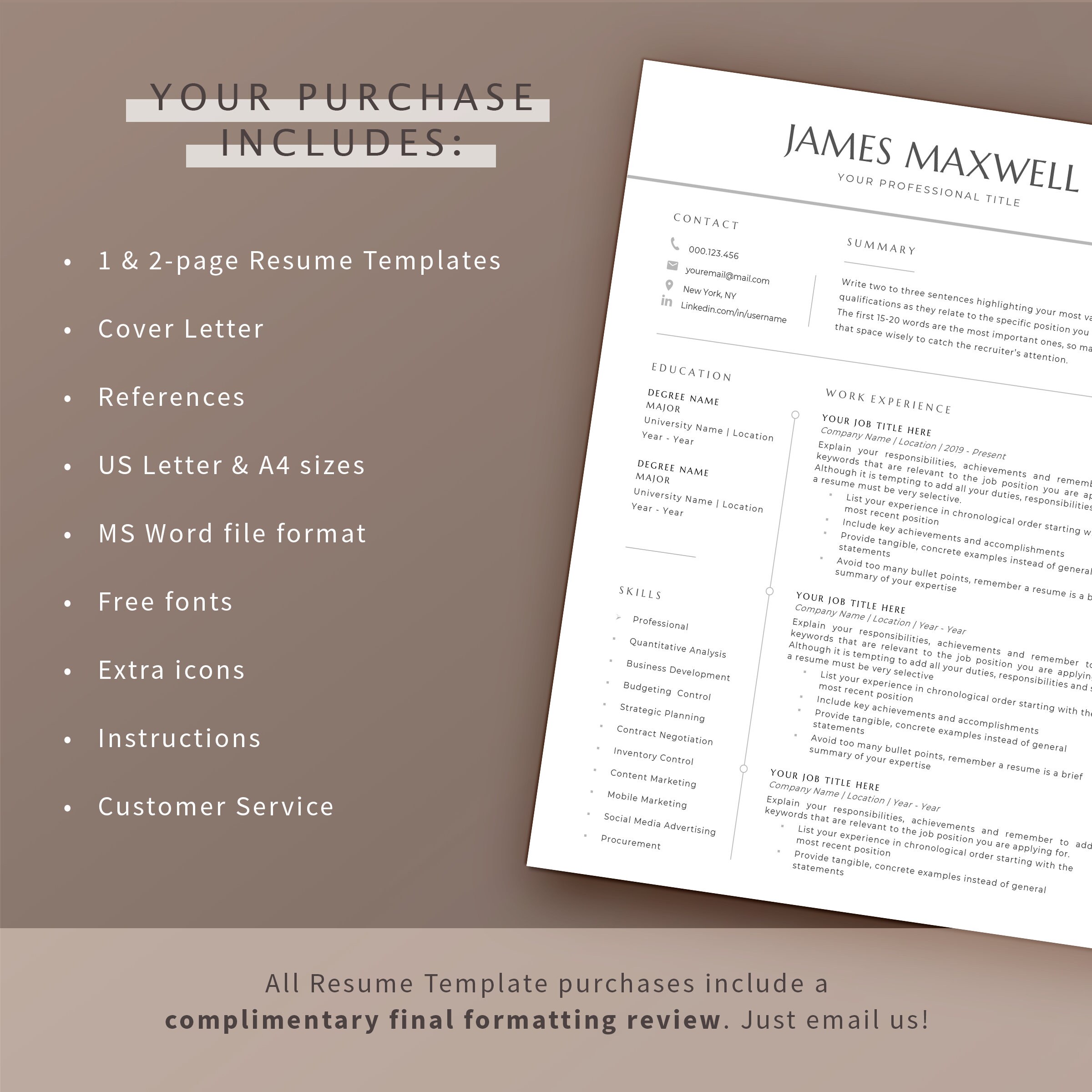 Modern Executive Resume Template, Professional Resume, CV Template ...