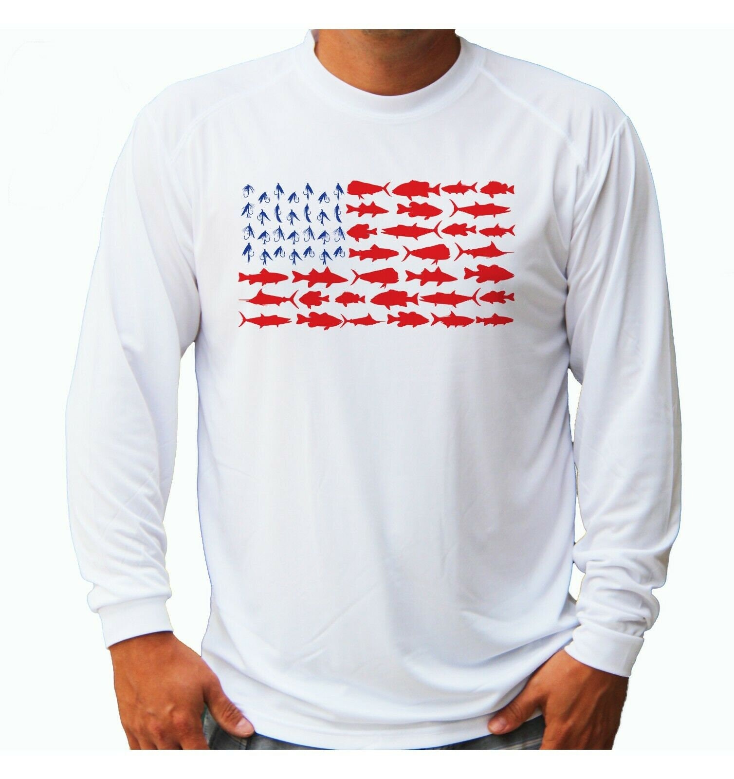 Fish Lure American Flag Fishing Long Sleeve UPF 50 T-shirt Boat UV ...