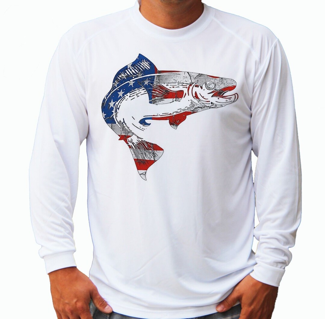 American Flag Salmon Fish Fisherman Short or Long Sleeve UPF 50 T-shirt ...