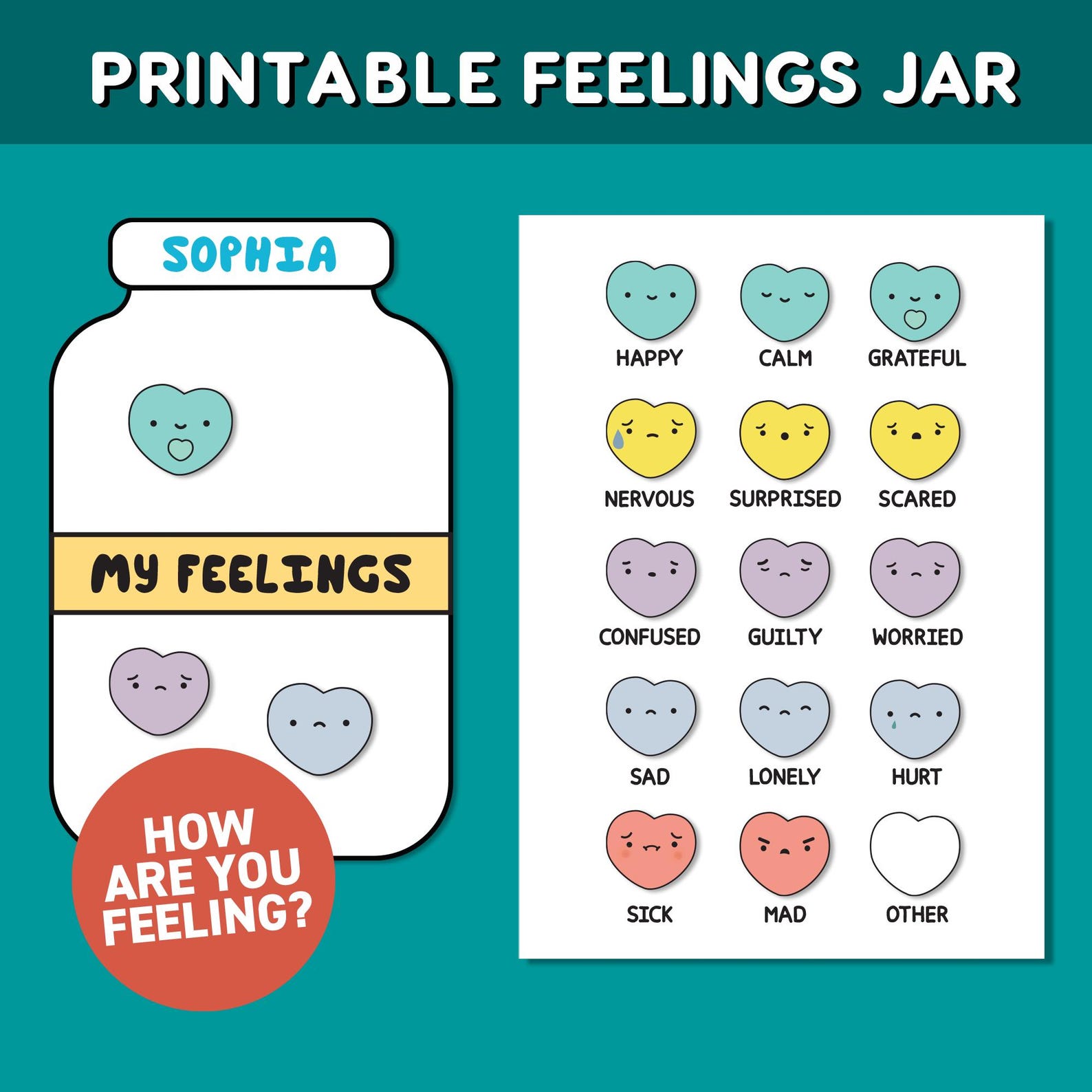 Feelings Jar Printable for Kids, Kids Mental Health, Emotional Learning ...