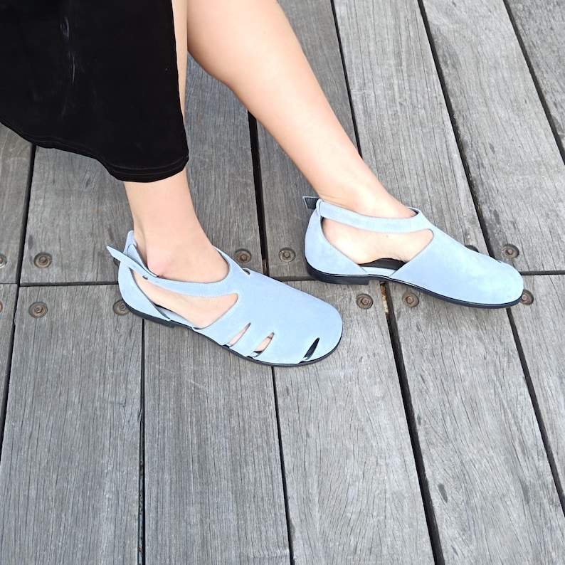 Handmade Light Blue Suede Cut-out Flats | Closed Toe Summer Sandals ...