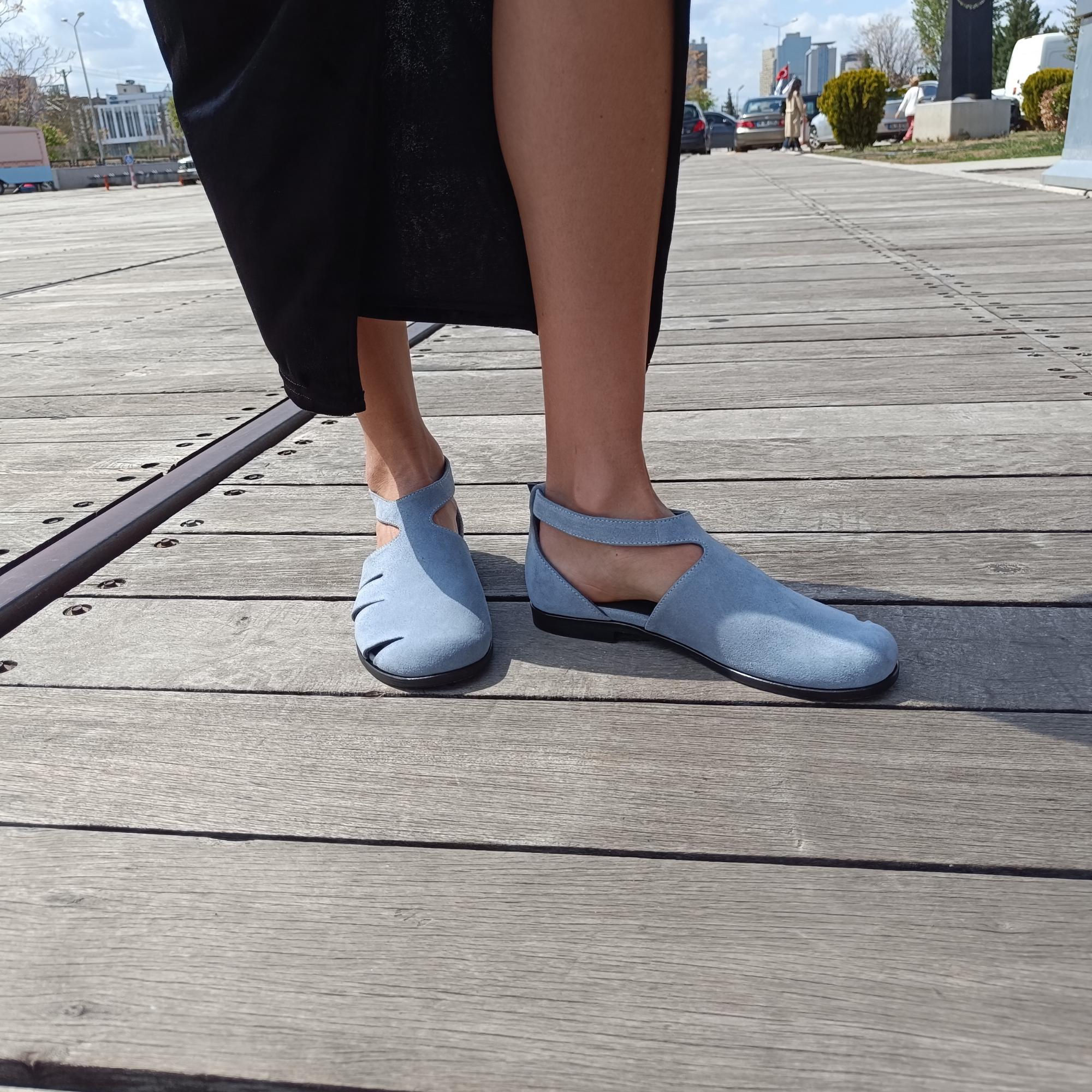 Handmade Light Blue Suede Cut-out Flats | Closed Toe Summer Sandals ...