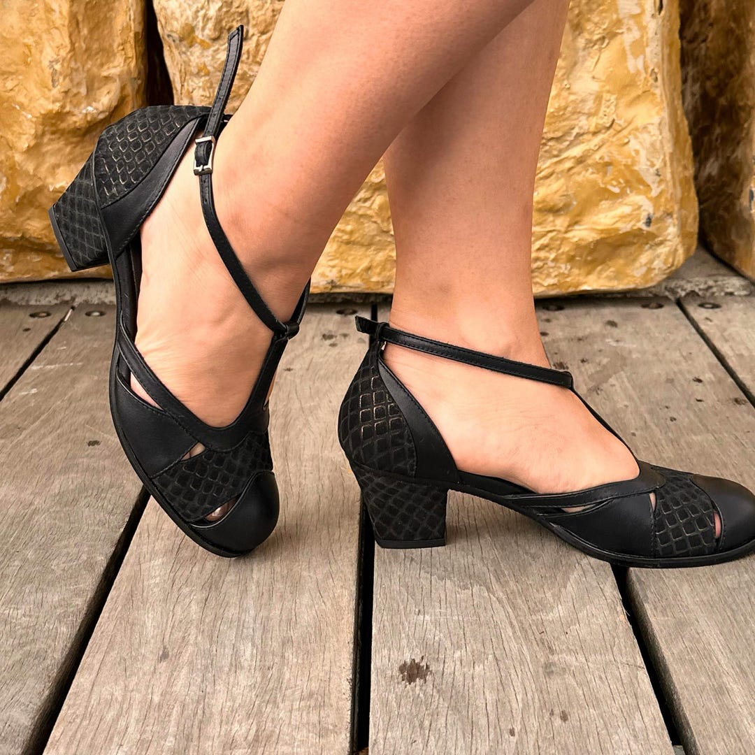 Vintage Inspired Black Leather T-strap Heels | Retro Swing Dancing ...