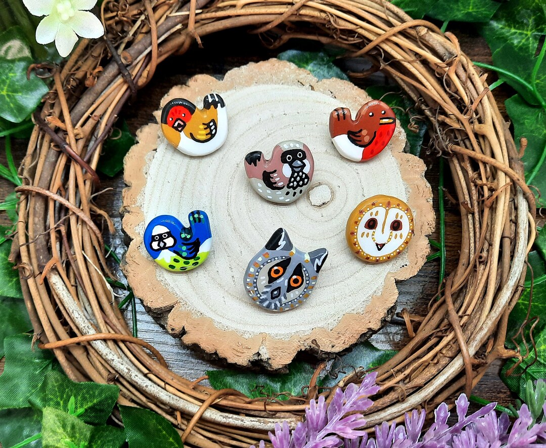 Bird and Owl Pins, Bird Badges, Goldfinch, Robins, Sparrow, Blue Tits ...