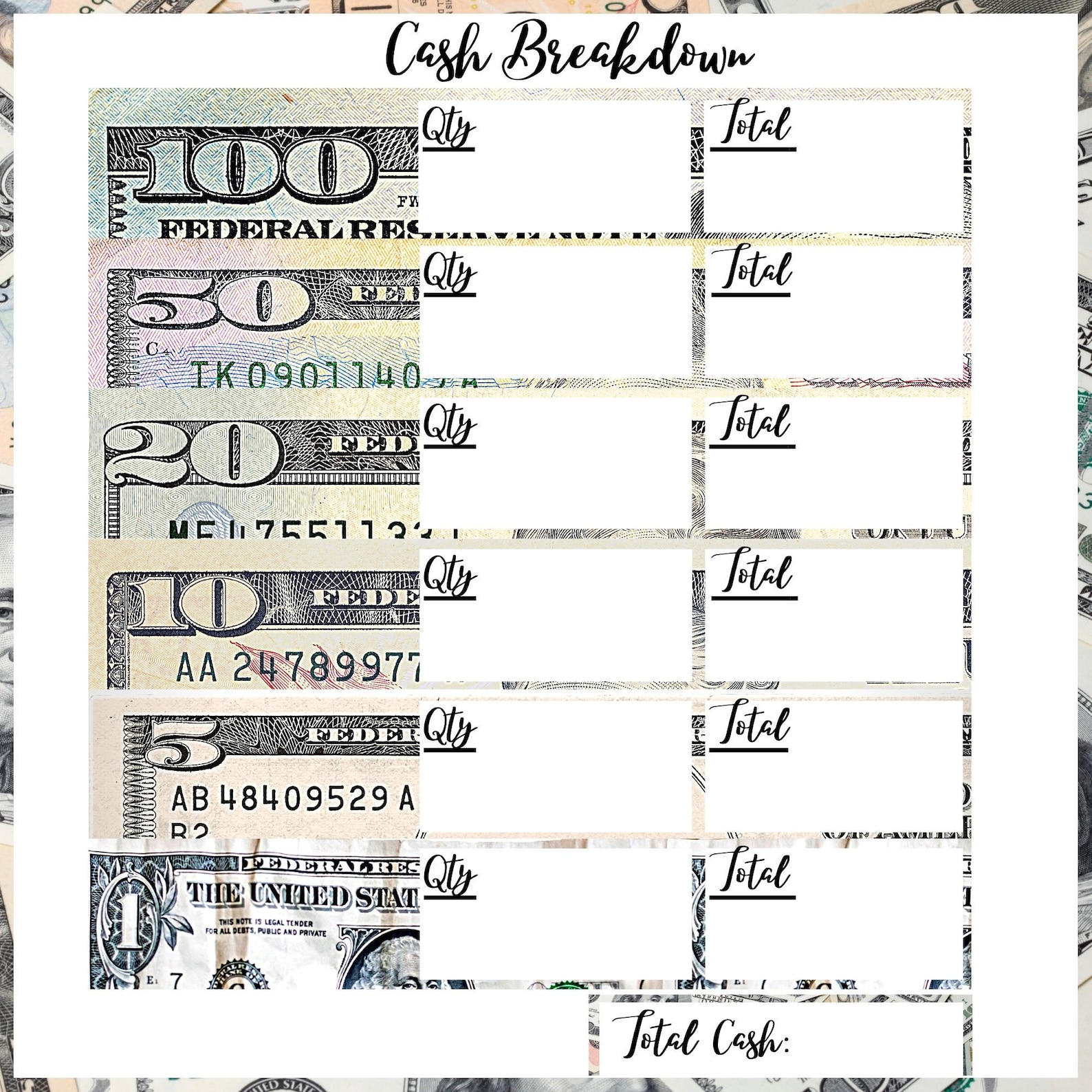 Cash Breakdown Form Dollar Bills Background 8.5 X 11 Sheet - Etsy