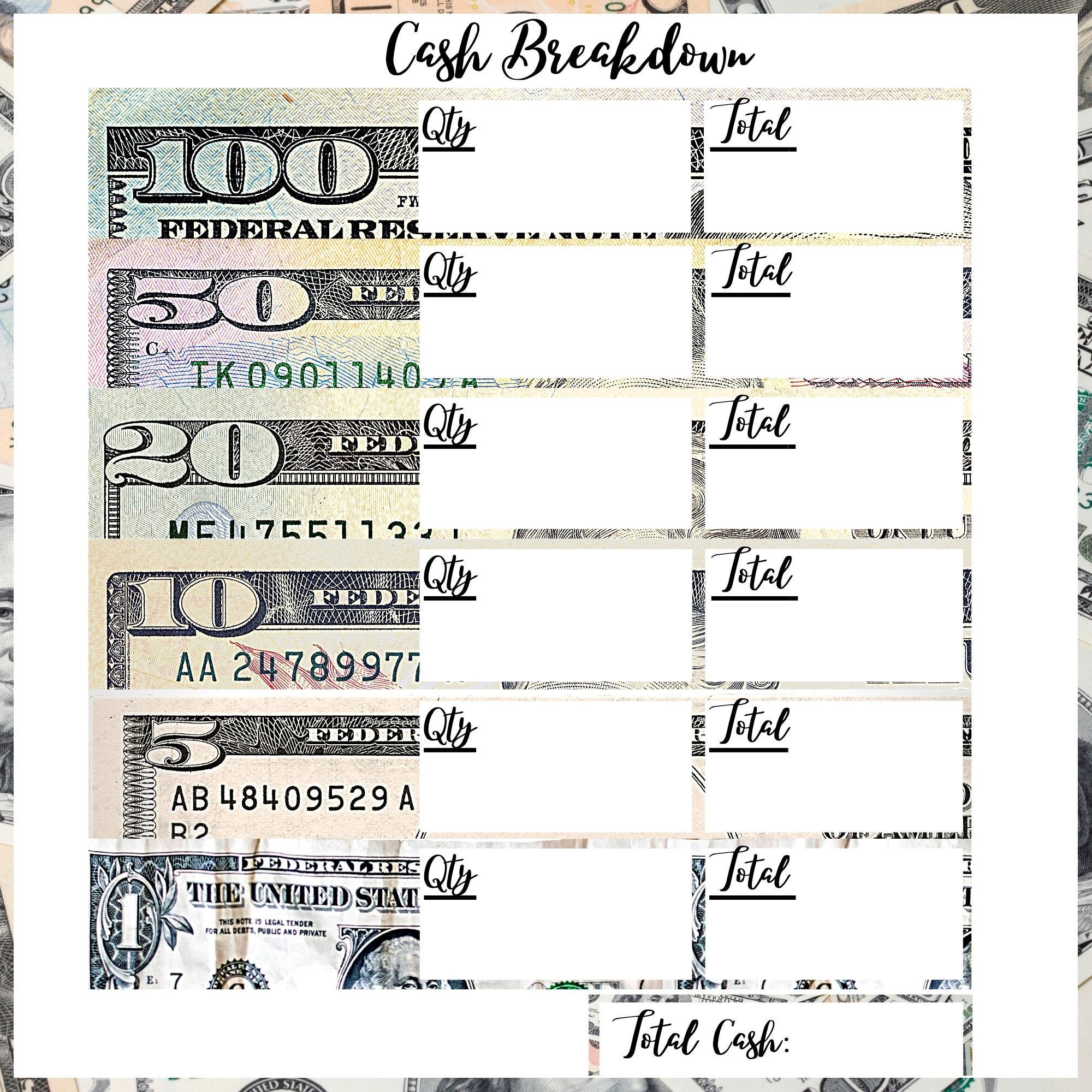 Cash Breakdown Form Dollar Bills Background 8.5 X 11 Sheet - Etsy UK