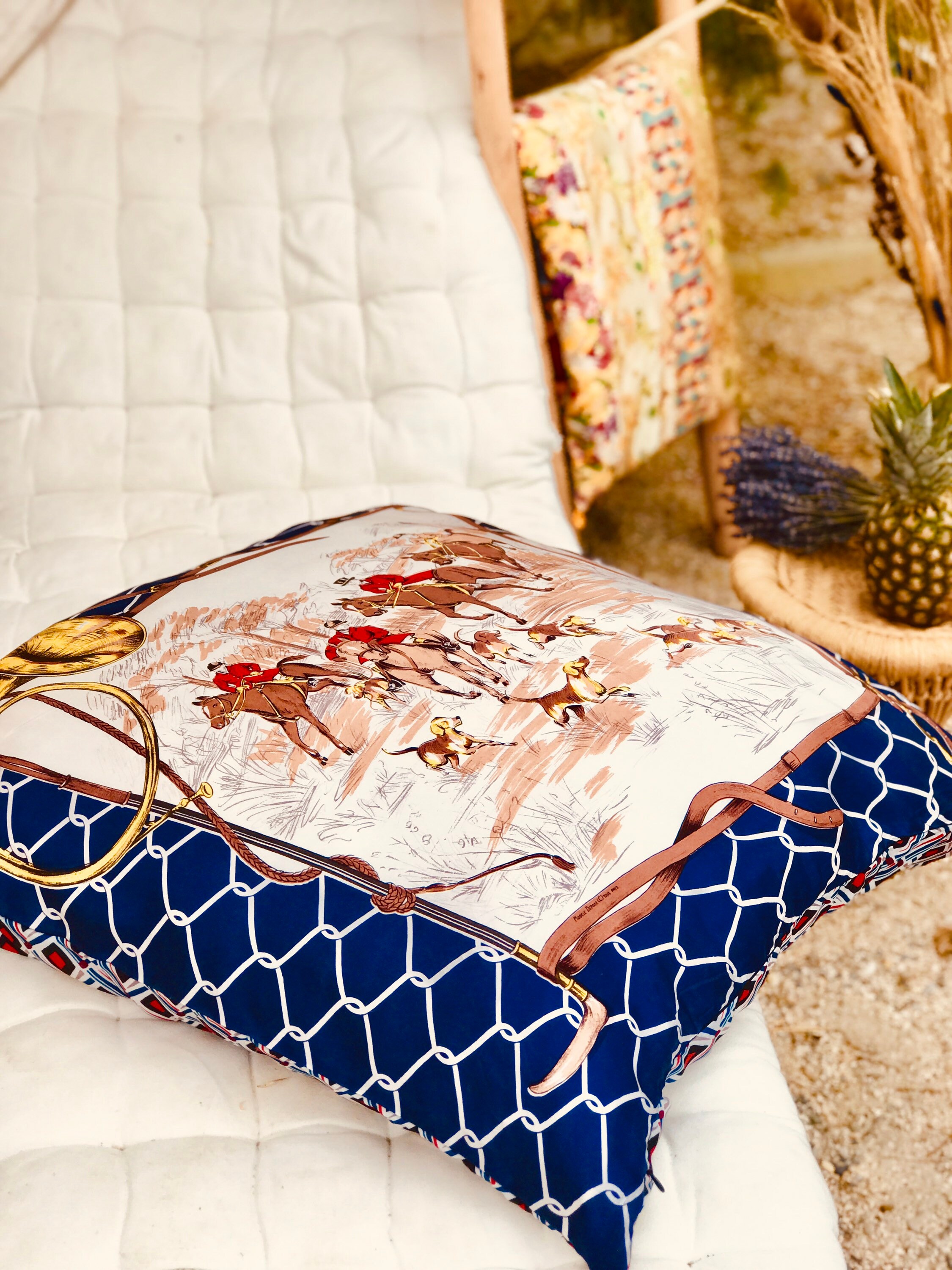 Very Large Square Cushion in Vintage Silk Navy Blue and White With a ...