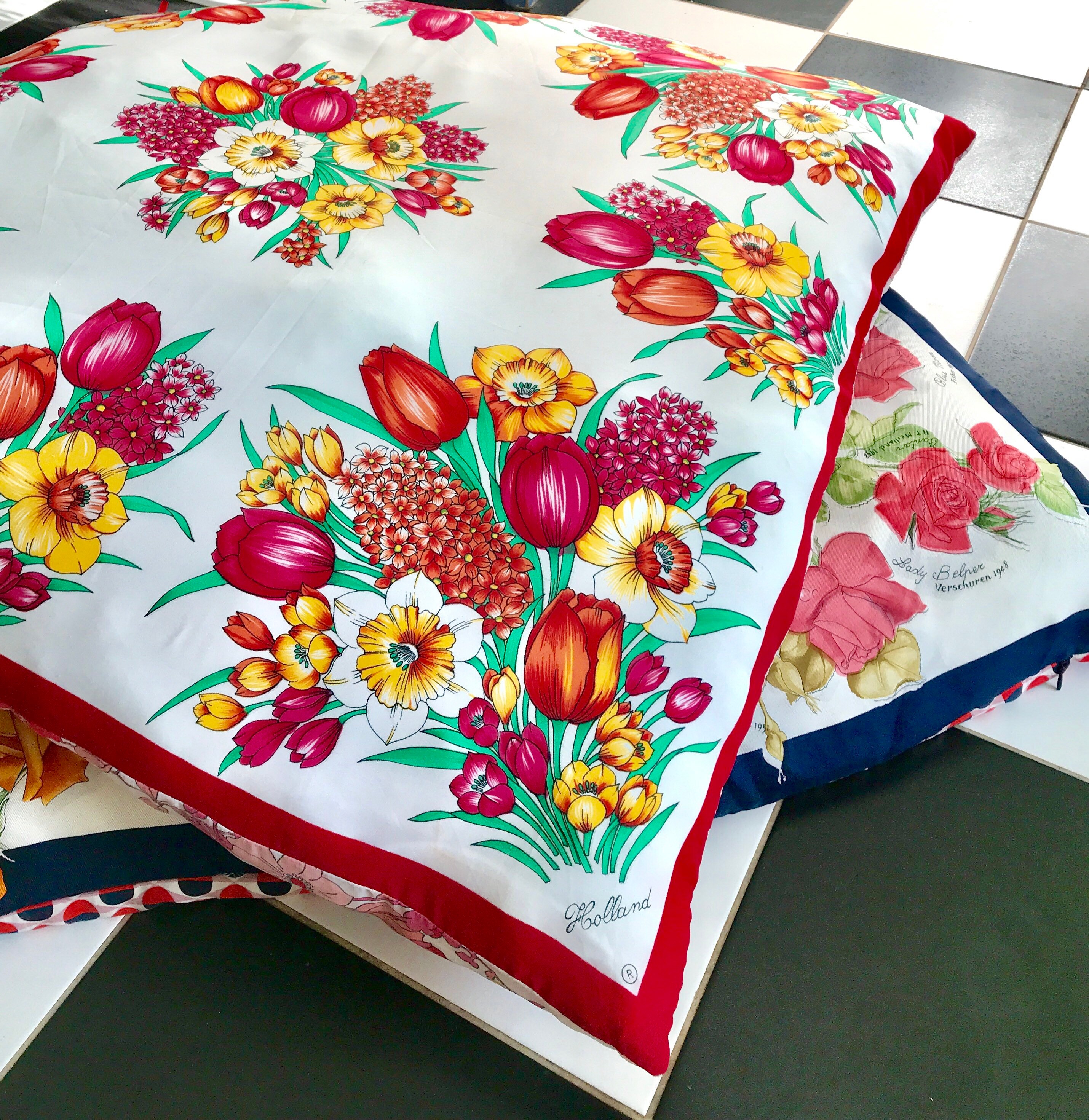 Very Large Square Cushion in White and Red Vintage Silk With Flowers ...