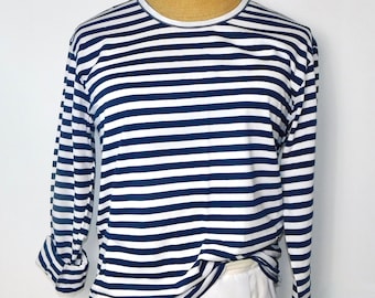 Vintage French Stripes Navy and White Cotton T-shirt | Boat Neck Long ...