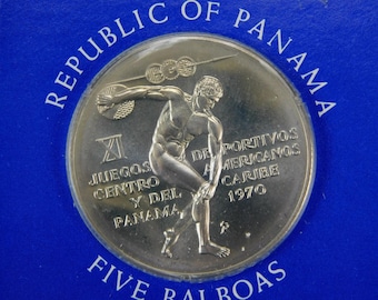 Vintage 1970 Republic of Panama Five Balboas Sterling Silver Coin the ...