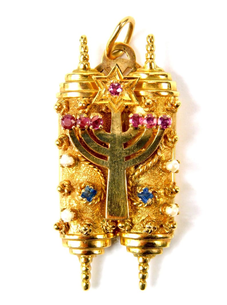 Custom 18K Yellow Gold Ruby Pearl Sapphire Torah Scroll Pendant Jewelry ...