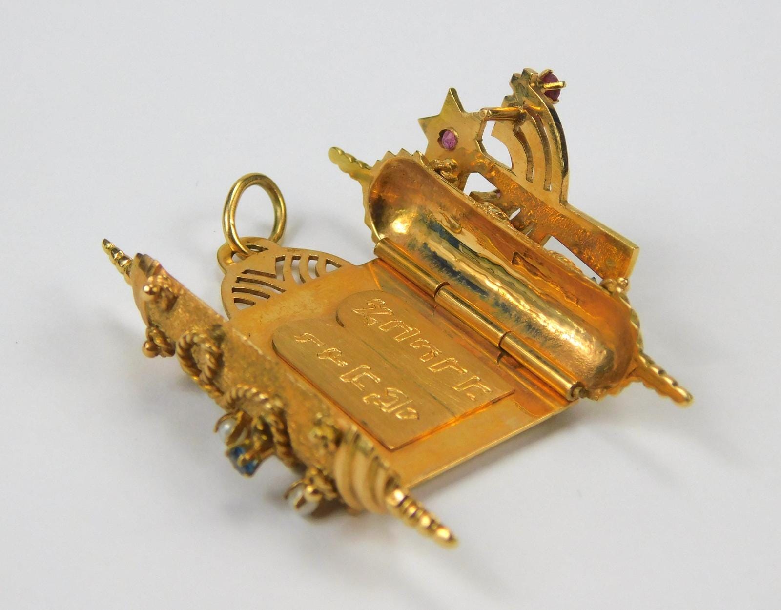 Custom 18K Yellow Gold Ruby Pearl Sapphire Torah Scroll Pendant Jewelry ...
